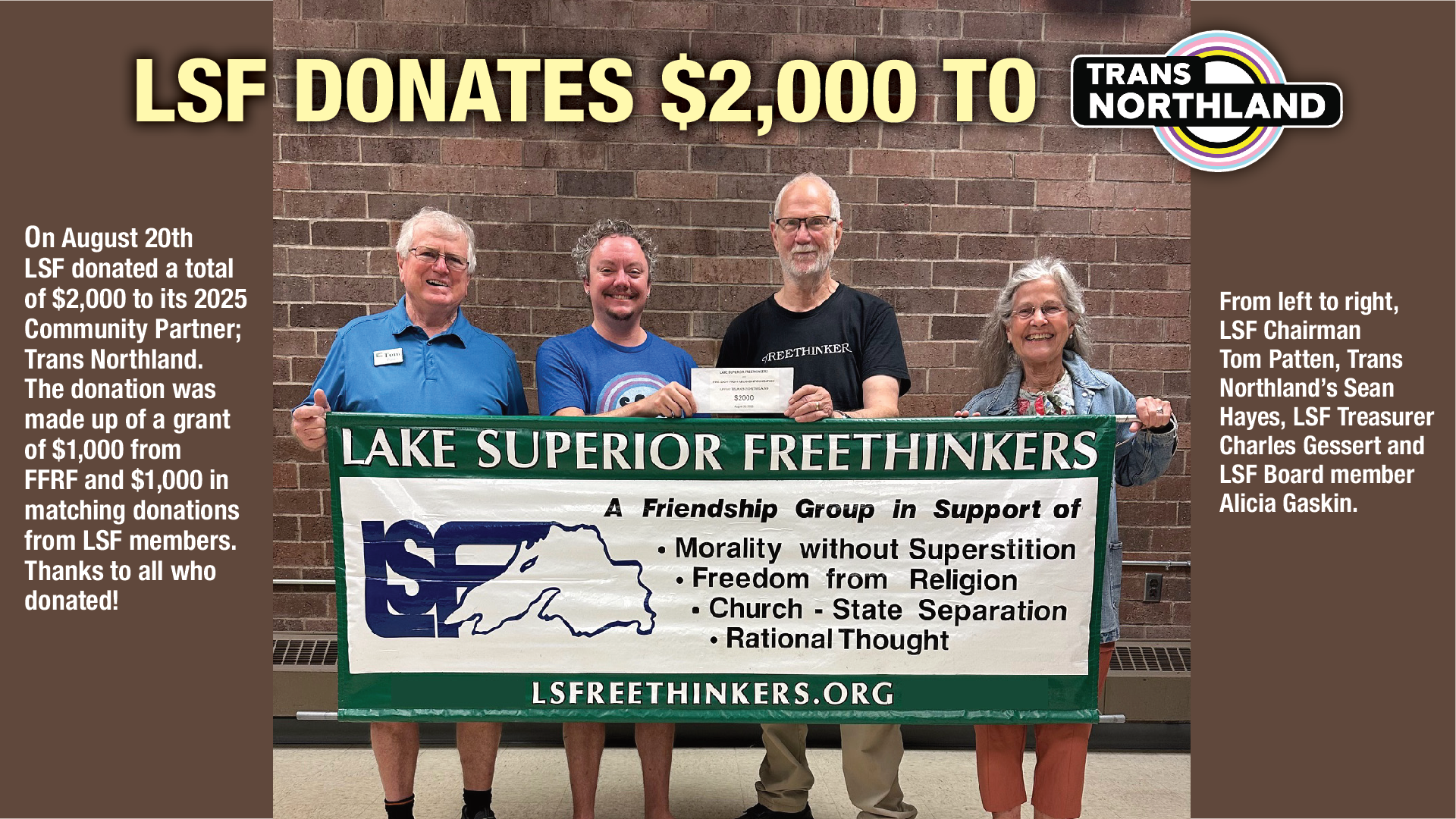 LSF Donates $2000 to Community Partner – Lake Superior Freethinkers